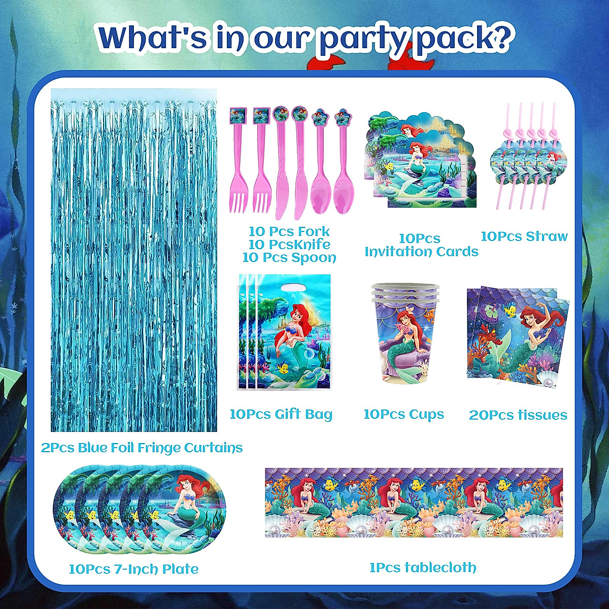 272 PCS Little Mermaid Birthday Party Supplies, Party Decorations, Ariel Birthday Decorations included Happy Birthday Banner, Balloons, Swirls, Invitation Cards, Tableware