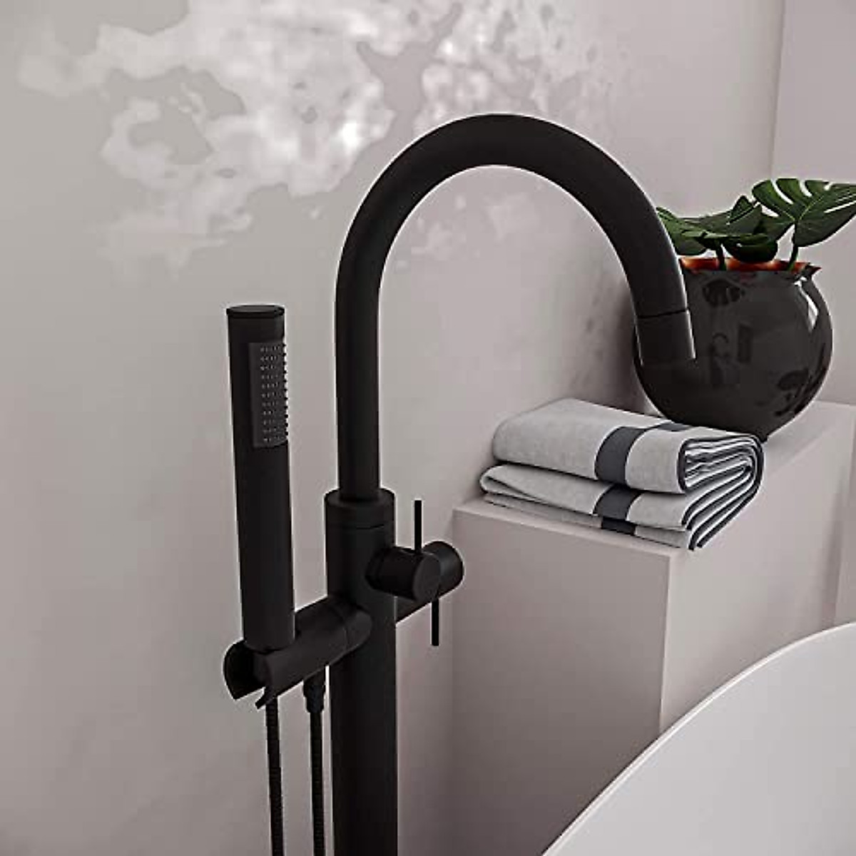 Westbrass DF02043-62 Floor Mount Freestanding Bathtub Filler Faucet with Handheld Shower, Matte Black