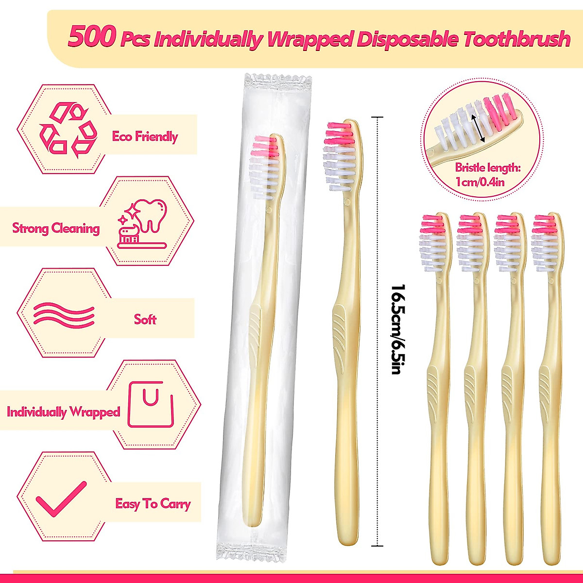 Tessco 500 Pcs Disposable Toothbrushes Individually Wrapped Soft Bristle Tooth Brush Set Travel Toothbrushes Bulk for Adults Oral Hygiene Dental Care Camping Guestroom Hotel(Yellow)