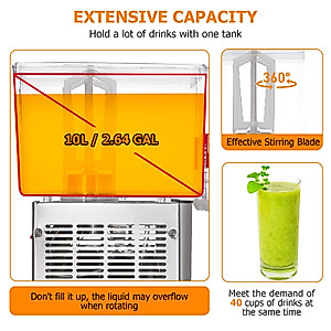 Towallmark Commercial Beverage Dispenser - 2.64 Gallon (10L) Juice Dispenser with 1 Tank, 180W Stainless Steel Iced Tea Drink Dispenser Featuring Food Grade Materials and Thermostat Controller