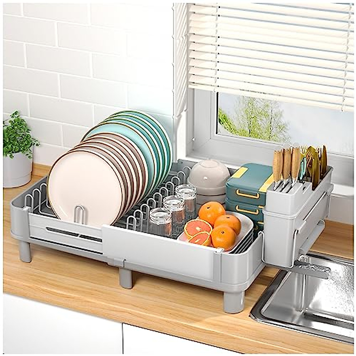 YKLSLH Expandable Dish Drying Rack Dish Racks for Kitchen Counter, Space Saving Dish Rack,12.6"-18.6" Expandable Drying Rack with Drainboard, Utensil Holder - Gray