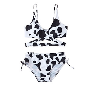 Milumia Girl's Cute Swimsuits Cow Print Wrap Knot Side Bikini Set 2 Piece Criss Cross Bathing Suit Black and White 11-12 Years