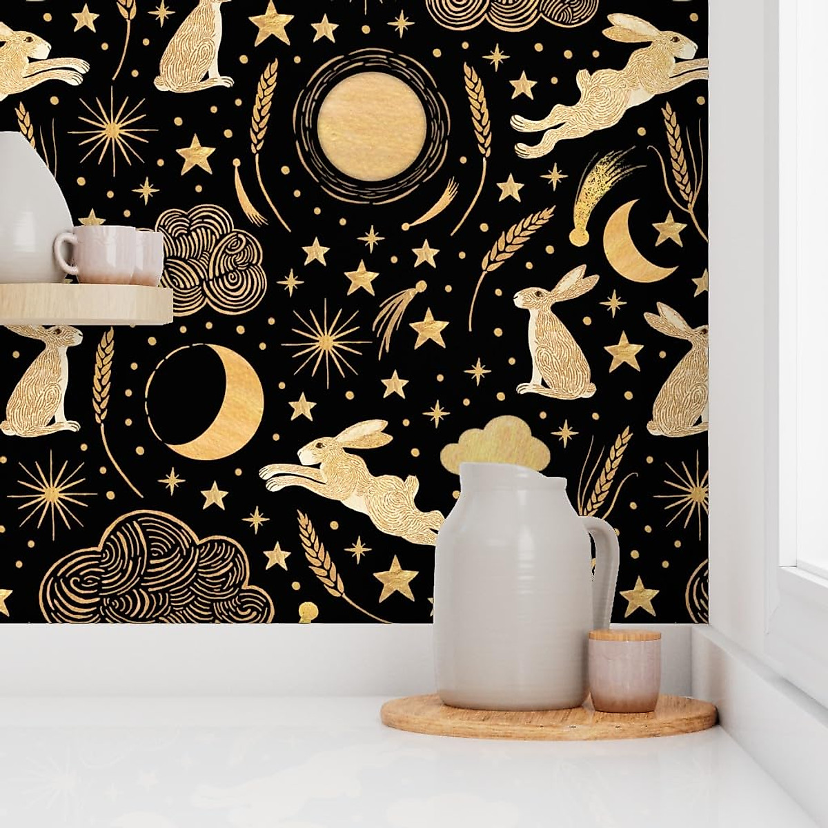 Peel & Stick Wallpaper 6ft x 2ft - Moon Hares Golden Black Stars Clouds Gold Night Custom Removable Wallpaper by Spoonflower