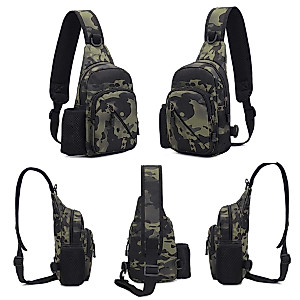 BraveHawk OUTDOORS Sling Chest Bag, 900D Nylon Oxford Portable Waterproof Compact Crossbody Pack for Hiking Cycling (Black Camouflage, Compact)