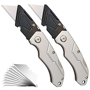 Knifsincisiv 2 Pack Folding Box Cutter Aluminum Body Utility Knife Folding with Extra 10 Blades, Premium Foldable Box Cutters for Cardboard Cutter, Razor Knife Utility Knives for Heavy Duty