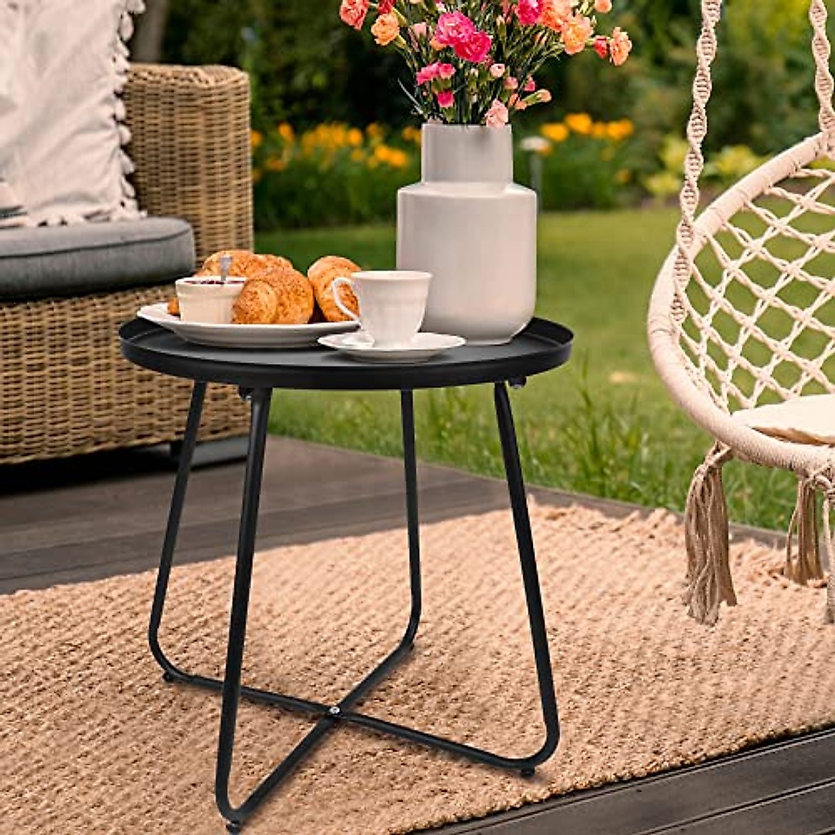 SPIPHY Outdoor Side Table, Anti-Rust Small Patio Side Table Metal Round End Tables for Outside Patio Balcony Porch (Black)