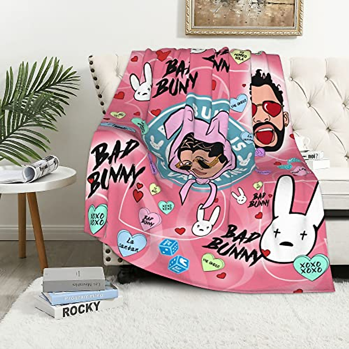 Bad Cute Bunny Flannel Throw Blanket Rapper Singer Soft Warm Cozy Plush Blanket Microfiber Throw Couch Sofa Bed 50"x60"