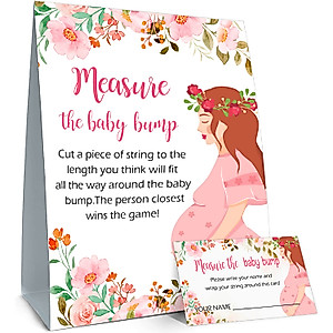 Measure Mommy's Belly Sign, Blush Pink Floral Baby Shower Sign, Measure the Baby Bump How Big is Mommy's Belly, Guessing Game for Gender Reveal Party- Game Set(1 Standing Sign + 50 Guessing Cards)