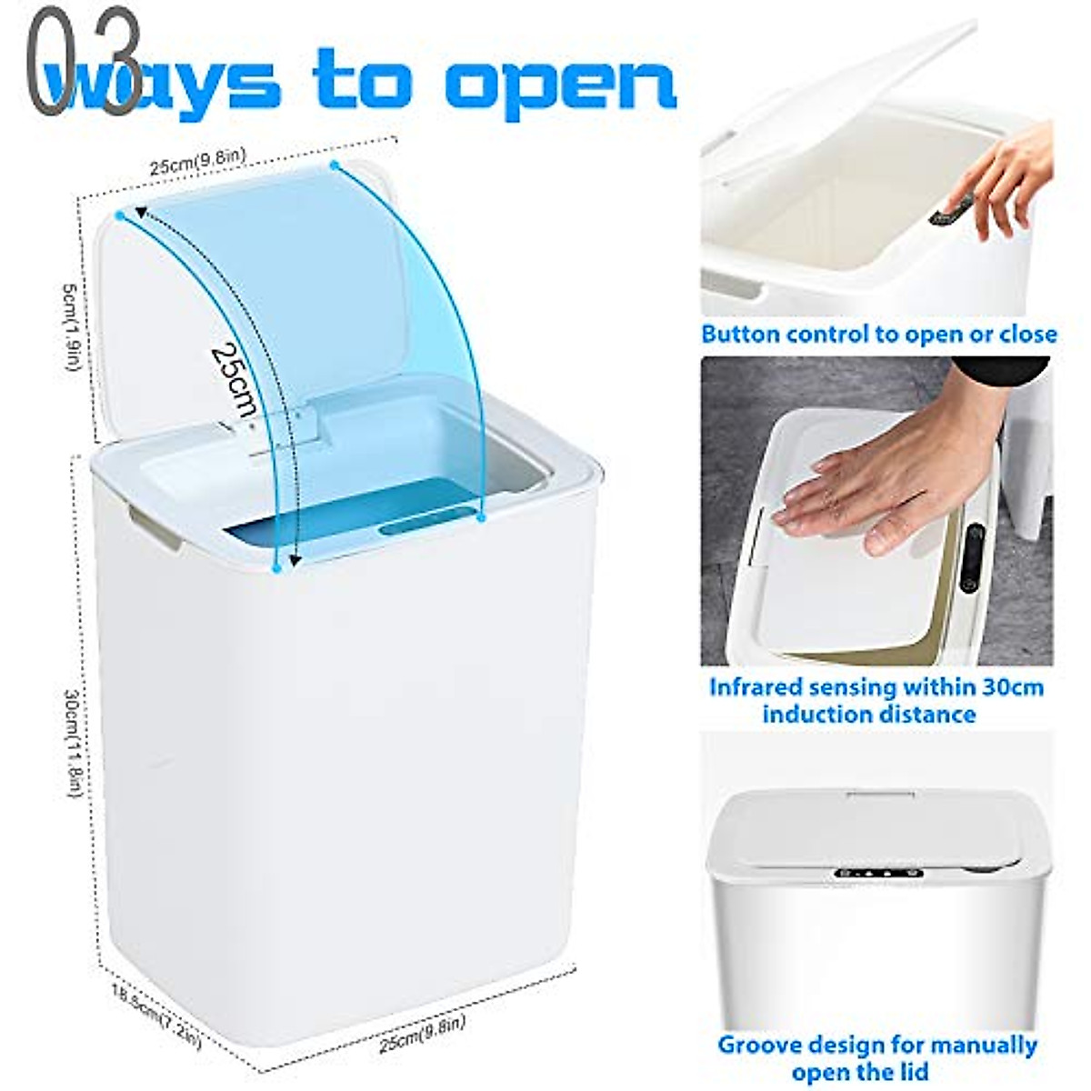 Bathroom Trash Can, 3.7Gallon/14Liter for Bathroom | Bedroom Automatic Garbage Cans with Lid Rectangular Bathroom Trash Can for Cupboard/Bathroom/Bedroom/Office/Camping/RV-White