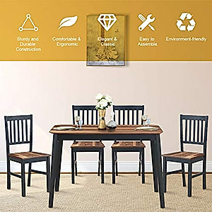 COSTWAY Set of 4 Dining Chairs, Dining Room Side Chair with Slat Back, Rubber Wood Legs Armless Chair with Black Base and Walnut Seat Ideal for Home, Kitchen, Dining Room