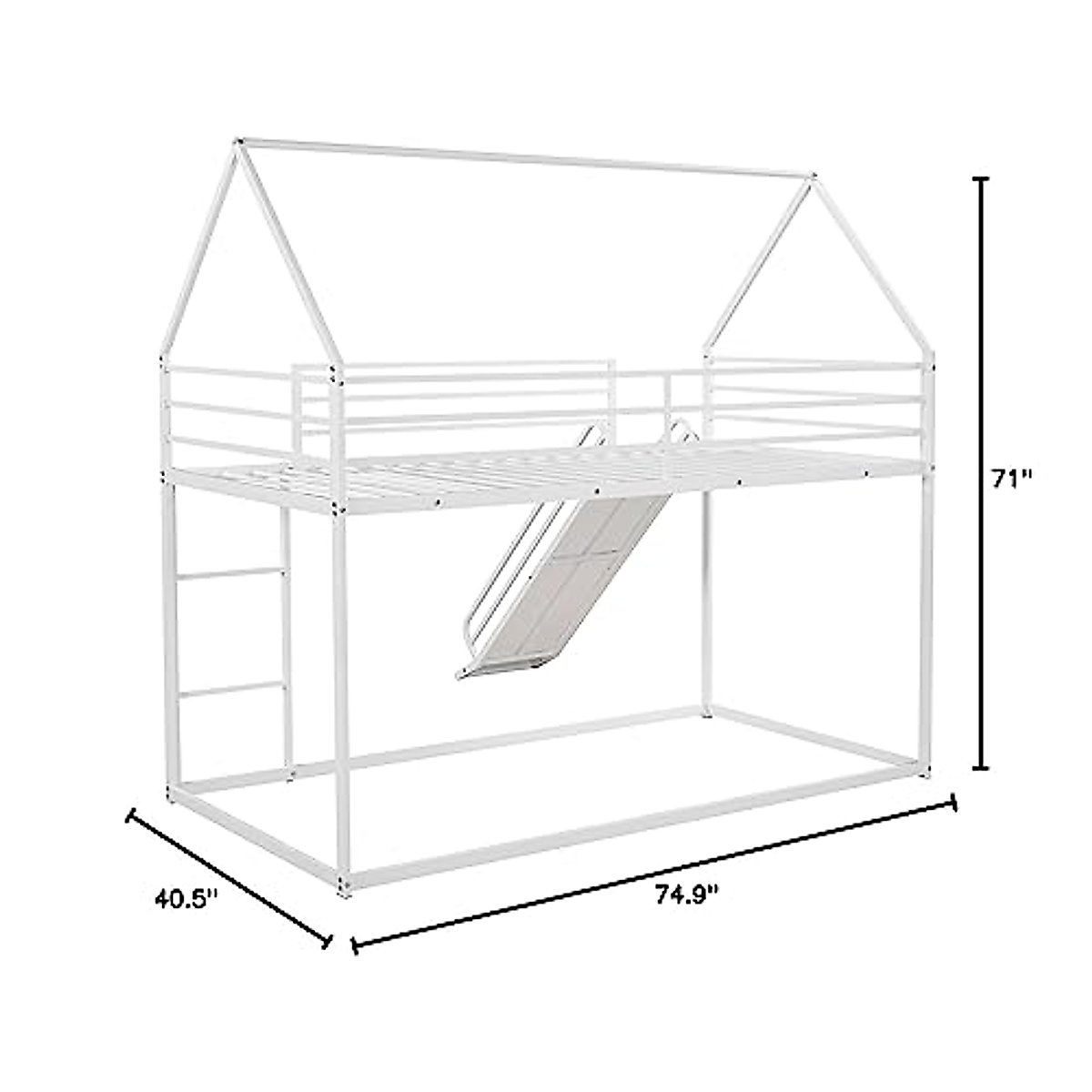 Twin Over Twin Bunk Beds with Slide, Metal Frame House Bunk Bed, Low Twin Bunk Beds with Built-in Ladder, No Box Spring Needed, White
