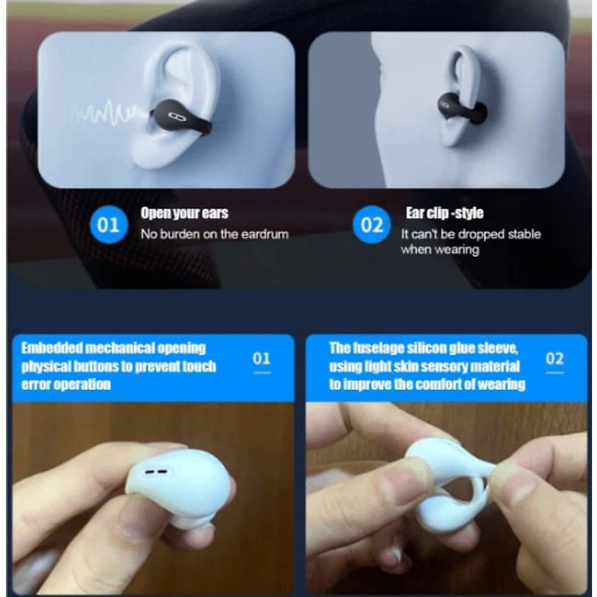 AQWEI Wireless Ear Clip Bone Conduction Headphones, Clip-Ear Headphones, Noise Canceling Digital Display Ear Clips, Bluetooth Sports Headphones (Black)