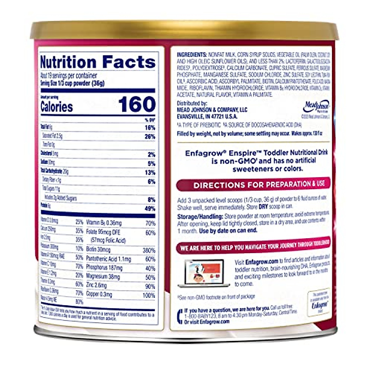 Enfagrow Enspire Toddler Nutritional Drink with Lactofrerrin, DHA, and MFGM for Brain Support and Immune Health, Non-GMO, Powder Tub 24 Oz, Pack of 4