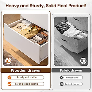 EnHomee Dresser, Dresser for Bedroom, White Dresser with 6 Wood Large Drawers, Dressers & Chests of Drawers with Large Organizer, Tall dresser with Smooth Metal Rail, White