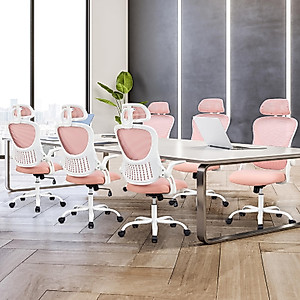 Sweetcrispy Office Computer Desk Chair, Ergonomic High-Back Mesh Rolling Work Chairs with Wheels and Adjustable Headrests, Comfortable Lumbar Support, Comfy Flip-up Arms for Home,Bedroom,Study, Pink