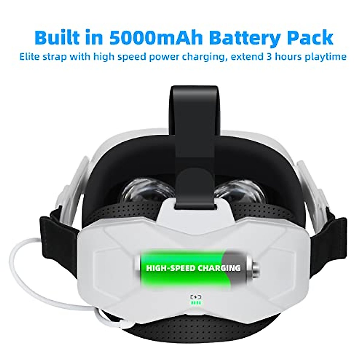 HiBloks Head Strap with Battery for Meta/Oculus Quest 2，5000mAh Power Bank with Elite Strap for Extend 3hrs Playtime, High Speed Charging VR Power, Adjustable Head Strap for Enhanced Support