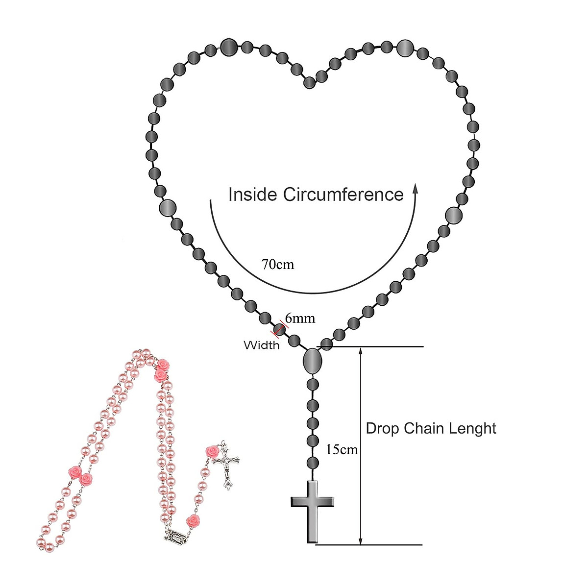 Catholic Rosary Pink Pearl Beads Necklace for Women First Communion Rosary for Women Our Rose Lourdes Medal and Cross Rosary Necklace