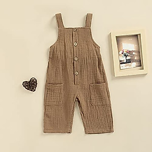 Mubineo Toddler Baby Girl Boy Solid Pocket Overalls Comfy Overall Romper Jumpsuit (Brown, 12-18 Months)