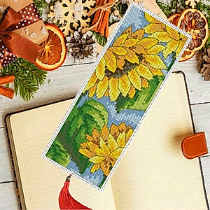 DIY Blank Canvas Bookmarks Yellow Sunflowers Counted Cross Stitch Kits for Adult Kids Beginner Embroidery Crafts Needlework Bookmark for Student Gift 20x6cm