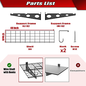 WALMANN 2 Pack Garage Wall Shelves, 2 x 4 ft/24 * 48 inch Wall Mounted Storage Shelves for Garage Heavy Duty Wall Shelving, Holds Up to 220 Lbs(Black)