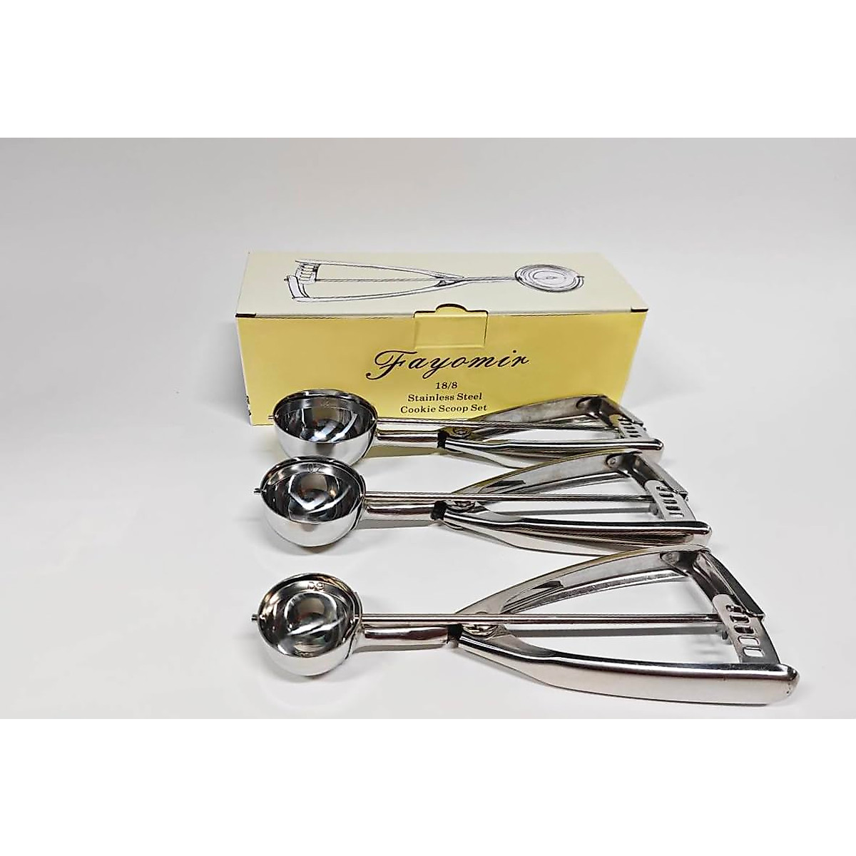 Fayomir Cookie Scoop Set - Small/1 Tablespoon, Medium/2 Tablespoon, Large/3 Tablespoon - Ice Cream Scoop Set, 18/8 Stainless Steel Dough Scoop Cupcake Scoop Melon Baller