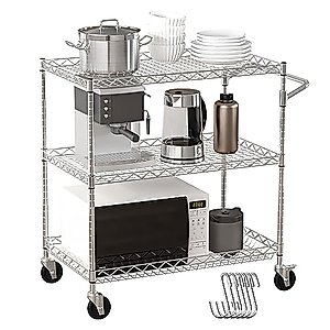 VEVOR Kitchen Utility Cart, 3 Tiers, Wire Rolling Cart with 661 LBS Capacity, Steel Service Cart on Wheels, Metal Storage Trolley with 80 mm Deep Basket Curved Handle 6 Hooks, NSF Listed