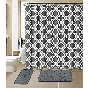 All American Collection 15-Piece Bathroom Set with 2 Memory Foam Bath Mats and Matching Shower Curtain | Designer Patterns and Colors (Geometric Grey)