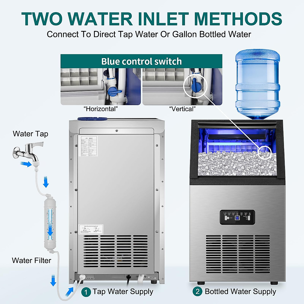 Commercial Ice Maker Machine 100Lbs/24H, 36Pcs Clear Ice Cubes Ready in 11-20Mins, Stainless Steel Under Counter Freestanding ice Machine with 23Lbs Ice Capacity for Home Party Bar, 2 Way Water Supply