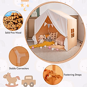 Costzon Large Kids Tent with Mat, Children's Play Tent w/Flag Banner, Windows, Gauze Curtain, Solid Wood Frame, Indoor Outdoor Kids Playhouse for Boys & Girls Age 3 + (Orange)