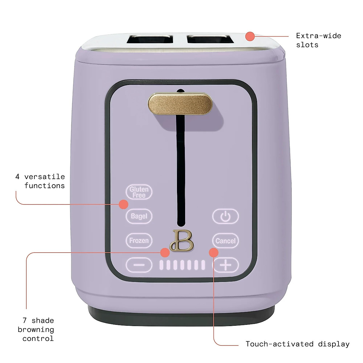 Beautiful 2 Slices Toaster with Touch-Activated Display, 7 Browning Settings, Bagel & Frozen Bread Presets, Slide-Out Crumb Tray Stylish Kitchen Toaster by Drew Barrymore (Lavender)