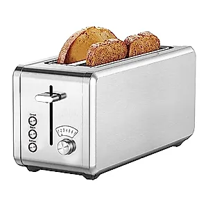WHALL Long Slot Toaster 4 Slice Brushed Stainless Steel Toaster, 7 Toast Settings with Bagel/Cancel/Defrost Functions, Toaster Warming Rack&Removable Tray for Various Bread Types 1400W,Silver