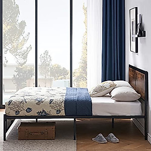 VECELO Queen Platform Bed Frame/Mattress Foundation with Rustic Vintage Wood Headboard, Strong Metal Slats Support, No Box Spring Needed