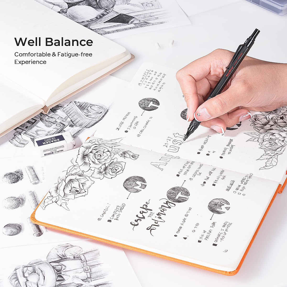 Nicpro 0.7 mm Mechanical Pencils Set with Case, 3 Metal Artist Pencil With 6 Tube HB Lead Refills, 3 Erasers, 9 Eraser Refills For Architect Art Writing Drafting Drawing, Engineering, Sketching, Black