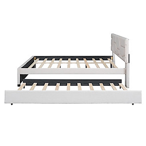 GJHOME Queen Size Upholstered Platform Bed Frame for Boys Girls Kids Adults Toddler with Brick Pattern Headboard and Twin XL Size Trundle, Linen Fabric, Beige