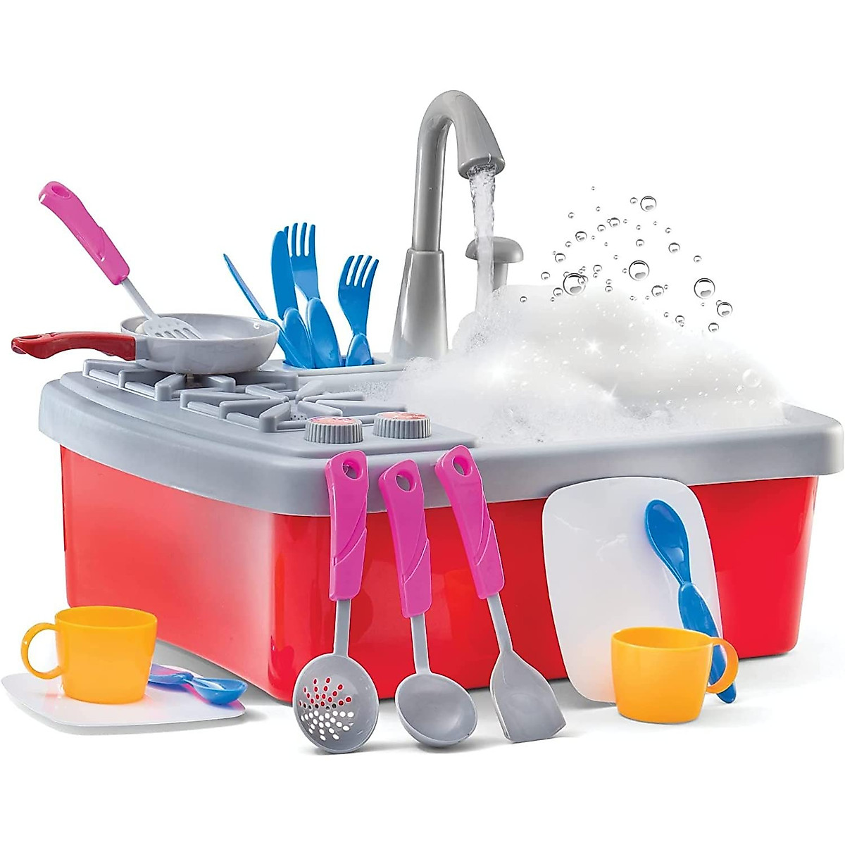 Play22 17 Pc Kids Play Sink with Running Water - Kitchen Sink Toy - Toddler Sink Toy with Real Faucet & Drain, Dishes, Utensils - Play Cooking Stove W/Pan - Kitchen Toys for Toddlers & Kids
