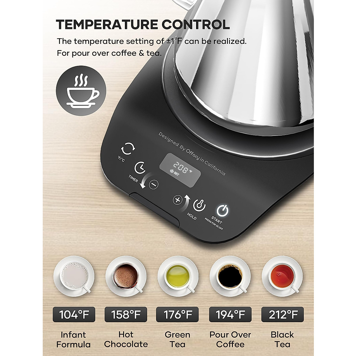 Offacy Electric Gooseneck Kettle,- 0.9L 1200W Quick Heating, ±1℉ Temperature Control, 100% Stainless Steel Inner Pot for Pour Over Coffee & Tea, Perfect for Boiling Hot Water