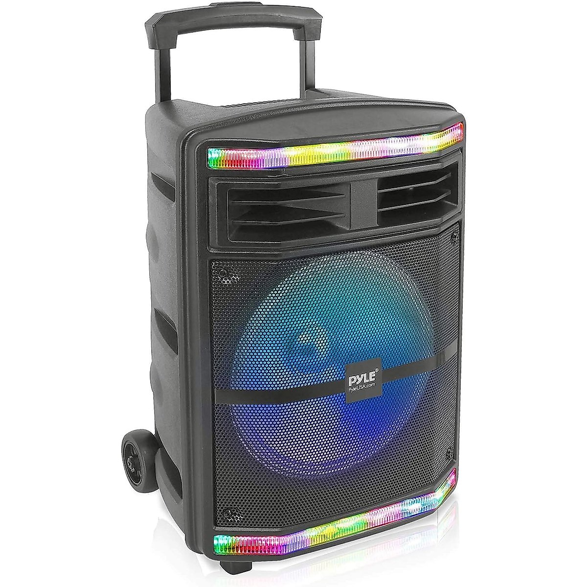 Pyle Portable Bluetooth PA Speaker System - 600W Bluetooth Speaker Portable PA System W/ Rechargeable Battery, Party Lights, MP3/USB SD Card Reader, Rolling Wheels - Pyle PPHP1044B