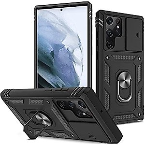 Multipurpose case for Samsung Galaxy S22 Ultra 6.8 inches Case with Slide Lens Cover, Shockproof with Built-in 360° Rotate Kickstand Magnetic Protective Case (Black)