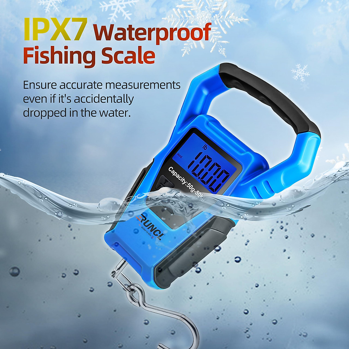 RUNCL Waterproof Fishing Scale with Lip Gripper, Electric Fish Scale with 40 in Ruler, LB/OZ/KG, Big Handle, Memory Storage, Digital Portable Hanging Scale for Luggage, Fish