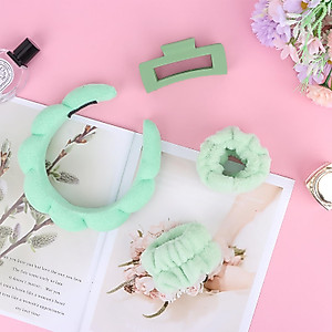 Wecoe Spa Headband And Wristband Set Skincare Headband For Washing Face Hair Claw Clips For Thick Hair Cute Green Puffy Sponge Makeup Headband Bubble Headband Wrist Towels Scrunchies For Women Girls