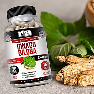 Kaya Naturals Red Panax Ginseng + Ginkgo Biloba | Nootropic Brain Supplement | Cognitive and Concentration Support | Brain Booster, Focus, and Memory Supplement | 30 Capsules