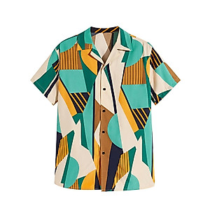 OYOANGLE Men's Casual Geo Graphic Print Short Sleeve Button Down Shirt Top Beach Shirts Green and White S
