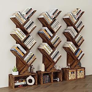 Vagusicc Tree Bookshelf, 6 Tier Bookshelf with Storage, Tall Narrow Bookcase, Rustic Wood Book Storage Rack for CDs/Books, Small Book Organizer Shelves for Bedroom, Living Room, Home Office, Brown