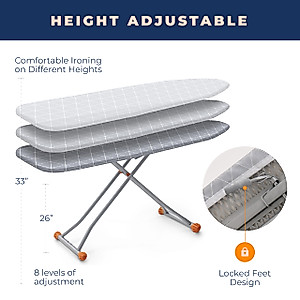 Happhom Compact Space Saver Ironing Board with Extra Thick Heavy Duty Padded Cotton Cover, Height Adjustable, Lightweight and Easy Storage with Smart Hanger, Easy Storage and Lightweight Design 13x43