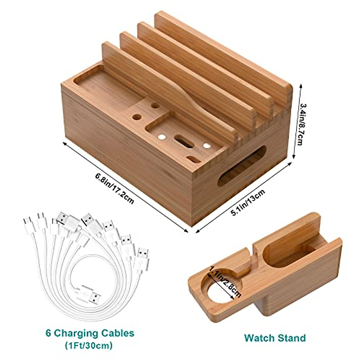 Pezin & Hulin Bamboo Charger Station for Multiple Device (Included 5 Port USB Charger, 6 Pack Charging Cables, Watch & Earbuds Stand), Desktop Electronic Organizer for Cell Phone, Tablet