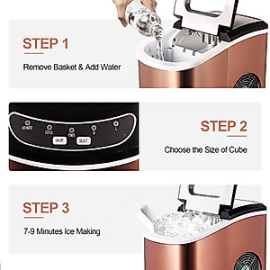 Hicer Counter top Ice Maker Machine with Self-Cleaning- 2 Size Bullet Shaped Ice,9 Cubes Ready in 6-8 Minutes,26LBS/24H-with Ice Scoop and Basket,for Home/Kitchen/Bar/Office (Bronze)
