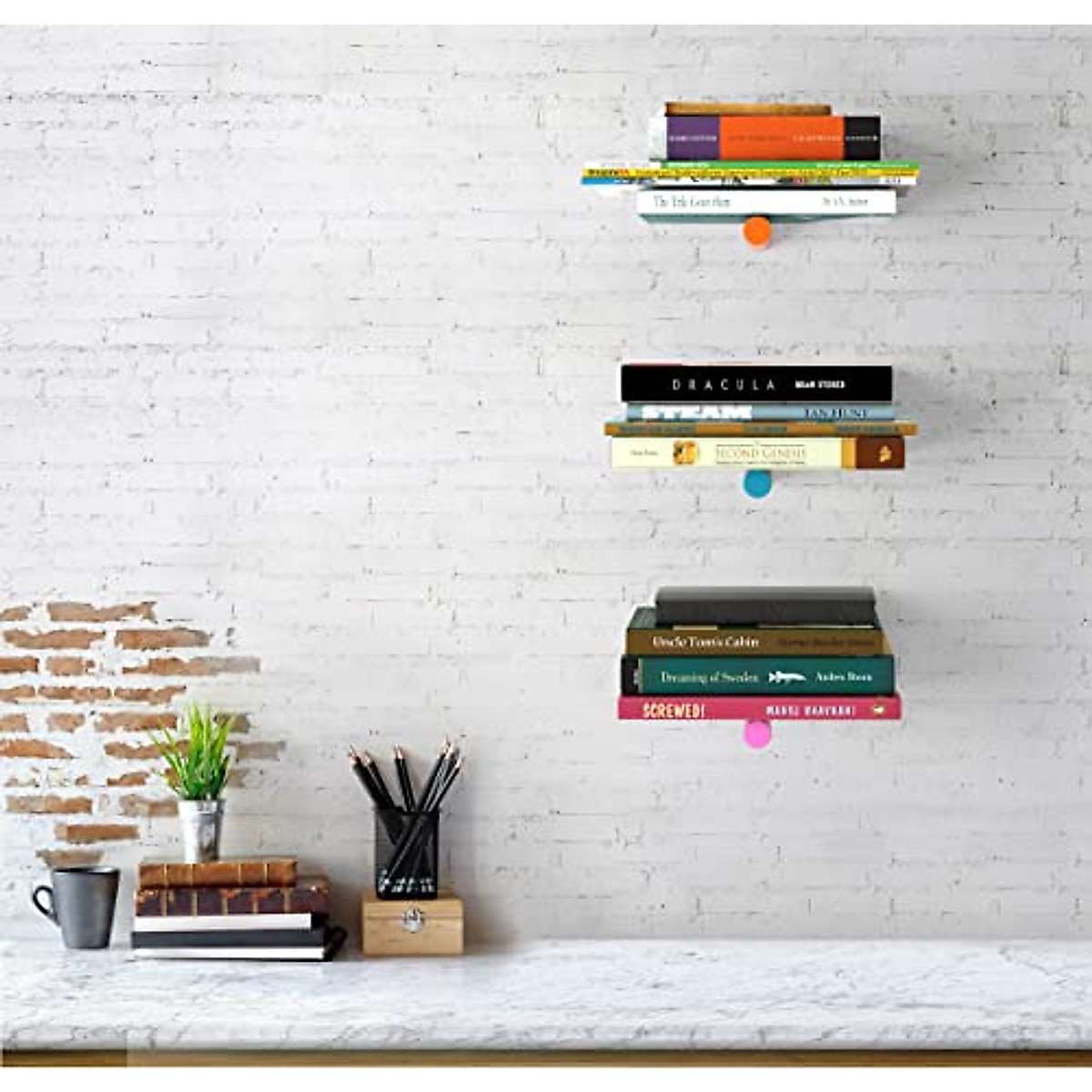 Uqayu Invisible Floating Bookshelf with Decorative Wooden Rod, Heavy Duty Wall Mounted Metal Book Organizer Shelf, for Home, Office, Study, Livingroom, Bedroom, Library (1, Blue)