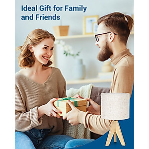 DEWENWILS Small Table Lamp, Boho Bedside Lamp with Linen Fabric Shade, Wood Tripod Nightstand Lamp for Living Room, Nursery, Bedroom, Kids Room, Side Table, 14.2 Inch, ON/Off Switch