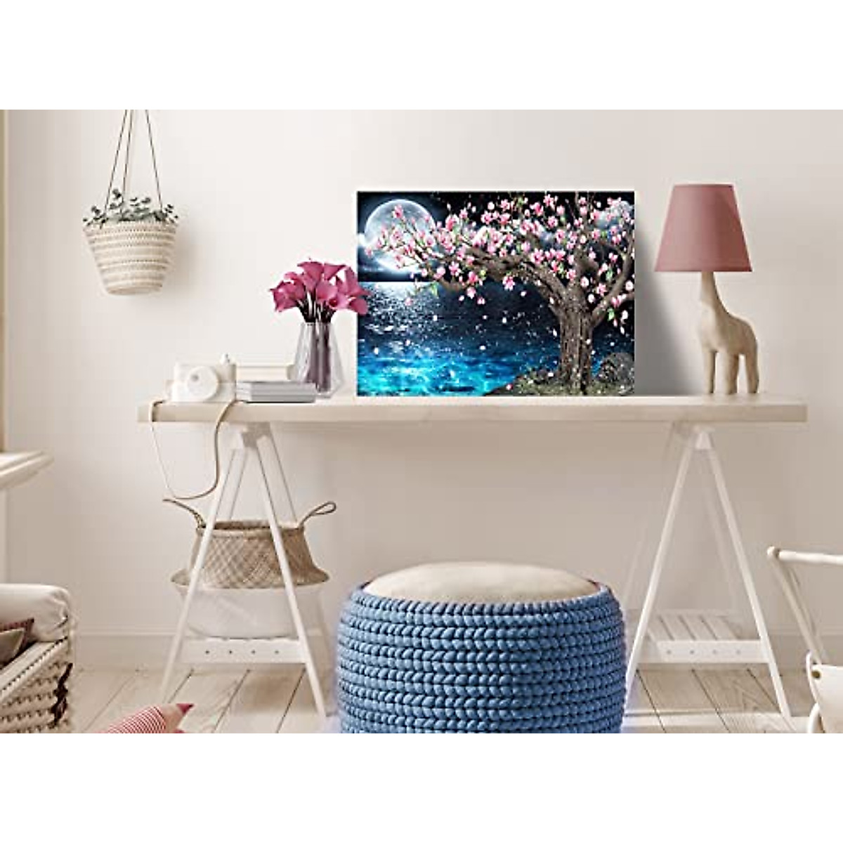 Magnolia Tree Wall-Art For Bedroom - Pink And Blue Wall Decor - Moon Framed Canvas Art Picture 16" x 12"