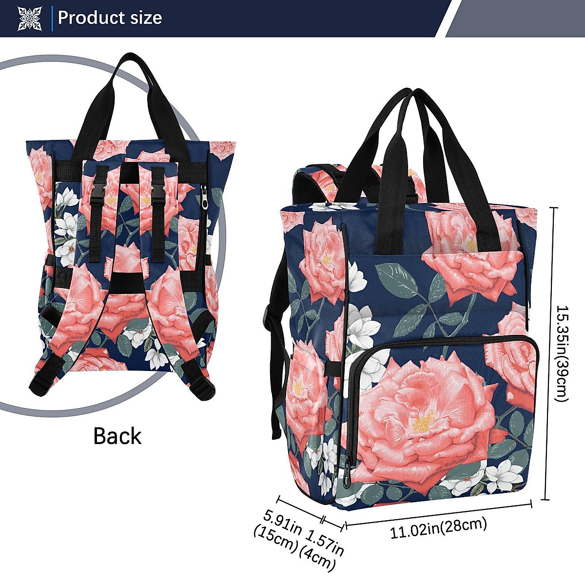 SPRIPORT Magnolia Flower Diaper Bag Backpack for Baby Boys Girls Baby Essentials Travel Tote with Stroller Straps & Bottle Storage Large Travel Diaper Backpack for Traveling Shopping Hiking Moms Dads